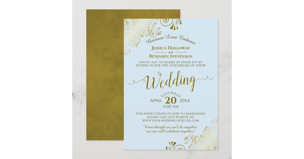 Elegant Powder Blue & Gold Wedding Livestream Invitation | Zazzle