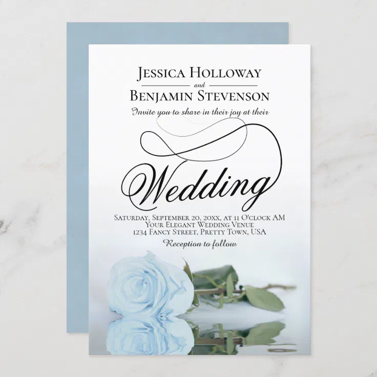 Elegant Powder Blue Rose Classy Script Wedding Invitation | Zazzle