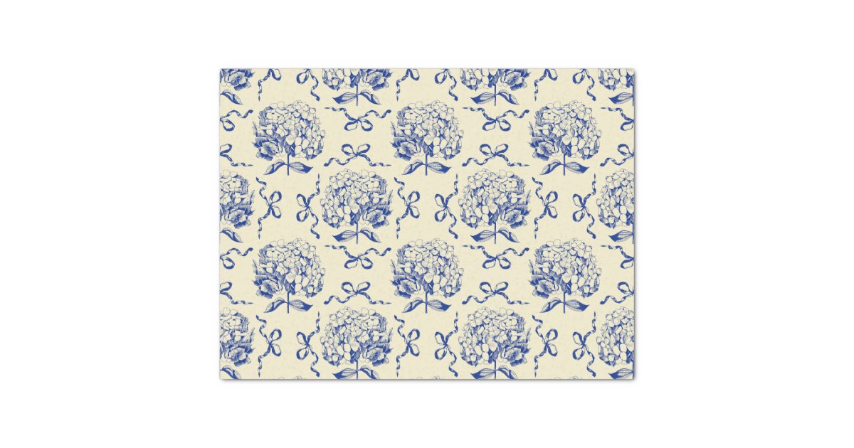 Elegant Preppy Blue Toile Hydrangea Bow Pattern Tissue Paper | Zazzle