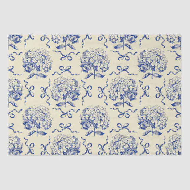 Elegant Preppy Blue Toile Hydrangea Bow Pattern Tissue Paper | Zazzle