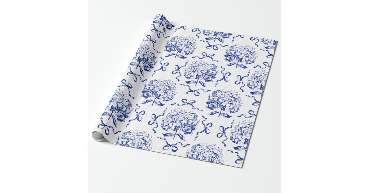 Elegant Preppy Blue Toile Hydrangea Bow Pattern Wrapping Paper | Zazzle