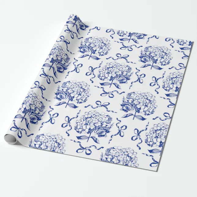 Elegant Preppy Blue Toile Hydrangea Bow Pattern Wrapping Paper | Zazzle