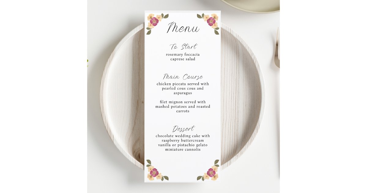 Elegant Pressed Wildflower Garden Wedding Menu | Zazzle