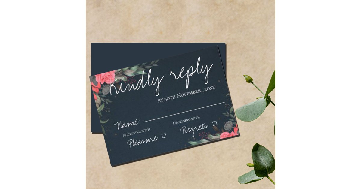 Elegant Pretty Peach Gray Floral Script Wedding RSVP Card | Zazzle