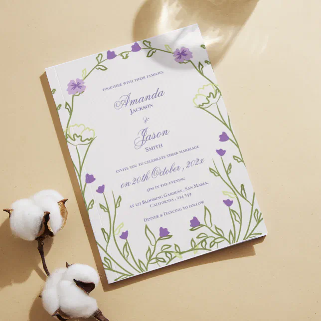 Elegant Pretty Purple Blue Floral Frame Wedding Invitation | Zazzle
