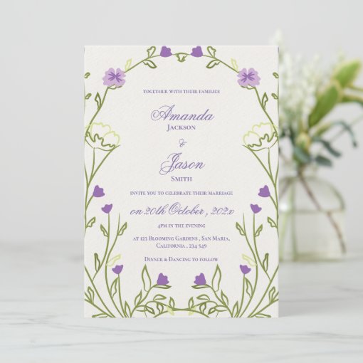 Elegant Pretty Purple Blue Floral Frame Wedding Invitation | Zazzle