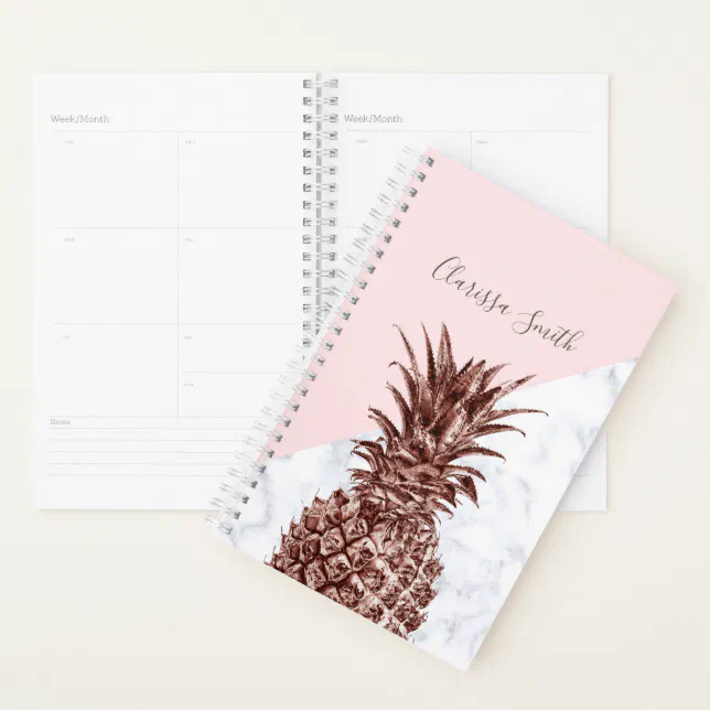 Elegant pretty rose gold pineapple white marble planner | Zazzle