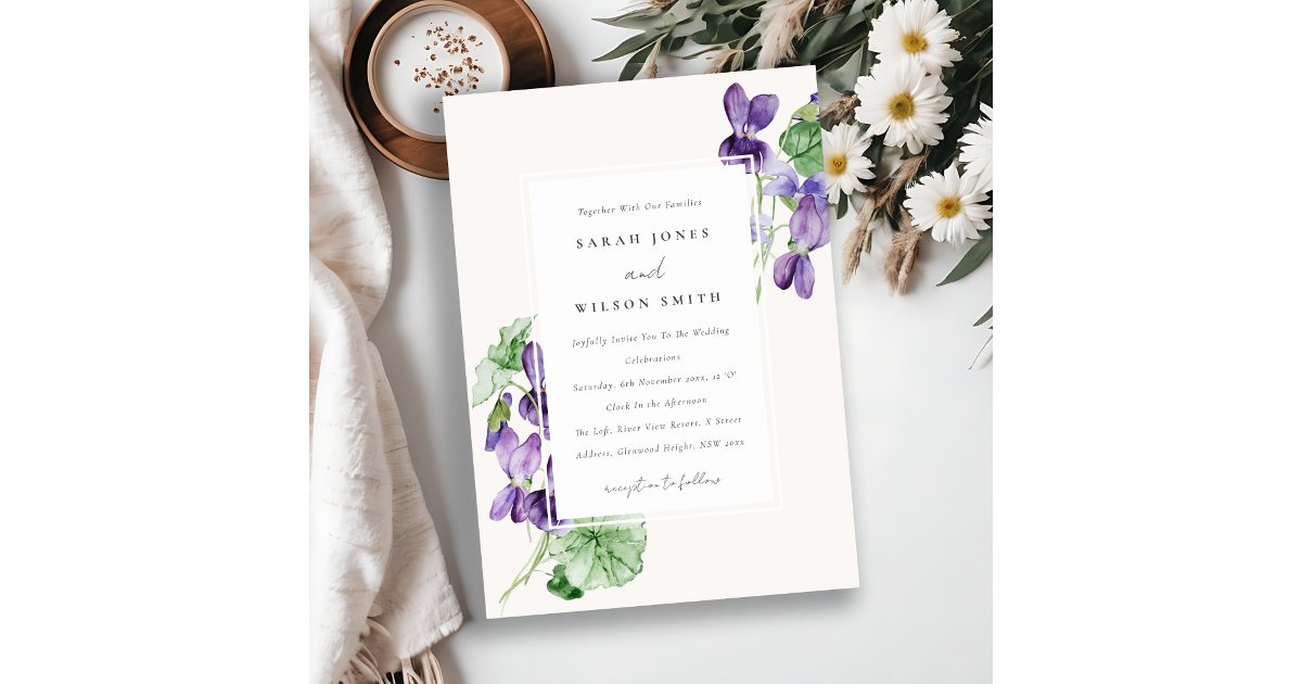 Elegant Pretty Watercolor Violet Floral Wedding Invitation | Zazzle