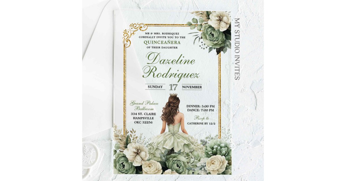 Elegant Princess Sage Green Floral Quinceañera Acrylic Invitations | Zazzle
