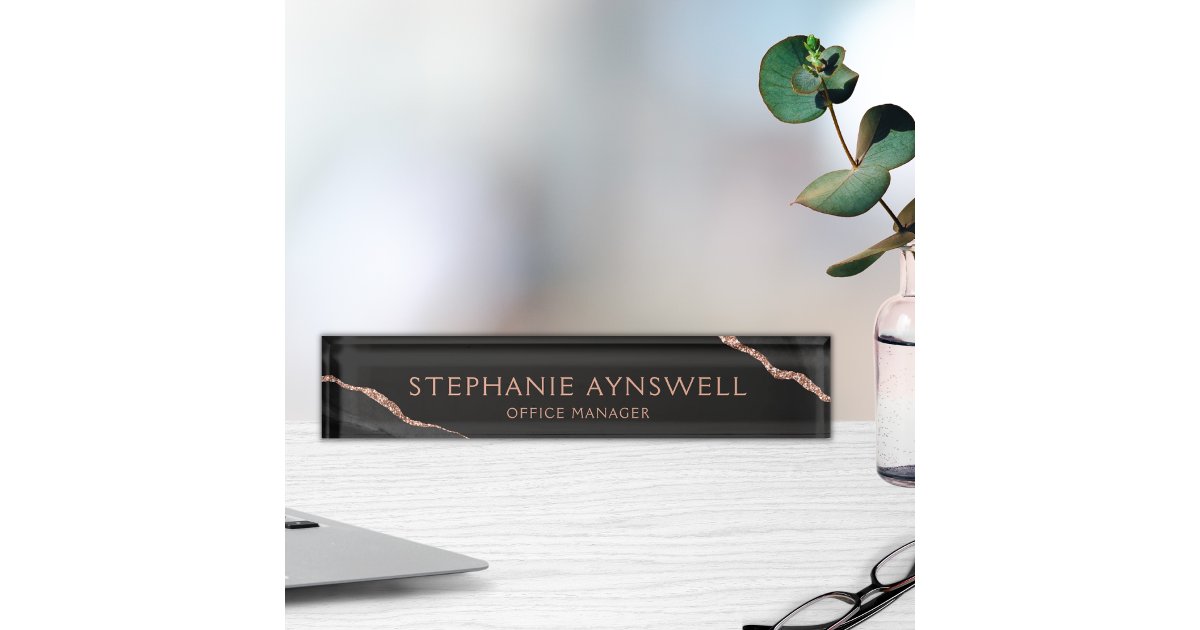 Elegant Professional Black Rose Gold Agate Geode Desk Name Plate | Zazzle