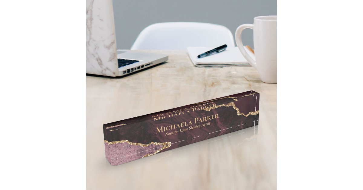 Elegant Professional Burgundy Gold Agate Geode Desk Name Plate | Zazzle