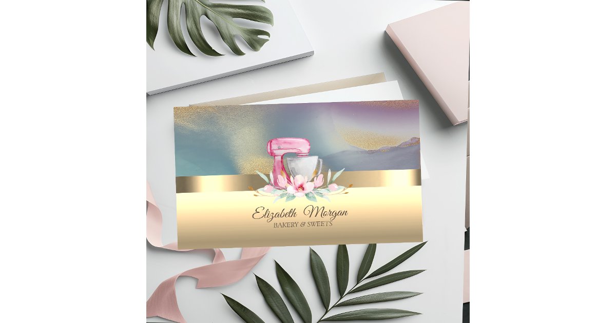Elegant Professional Cake Mixer Flower Bakery Gold Business Card | Zazzle