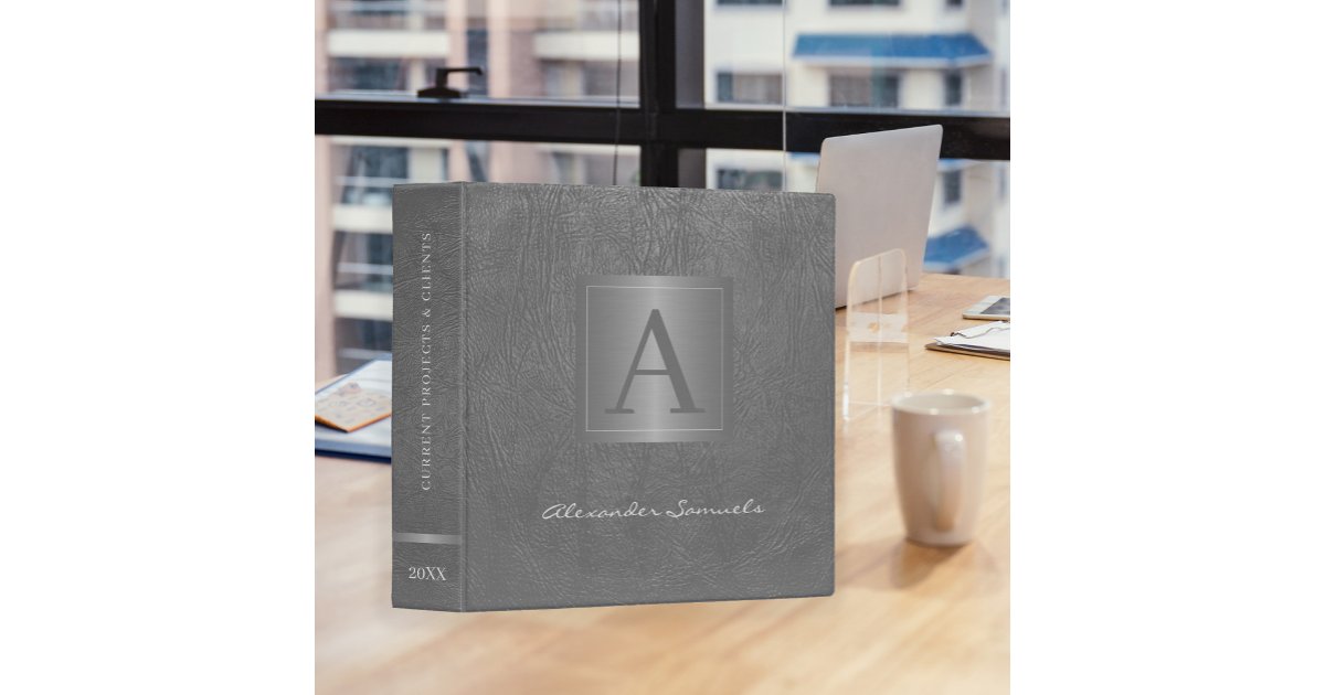 Elegant professional grey leather monogrammed 3 ring binder | Zazzle