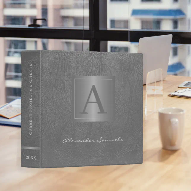 Elegant professional grey leather monogrammed 3 ring binder | Zazzle