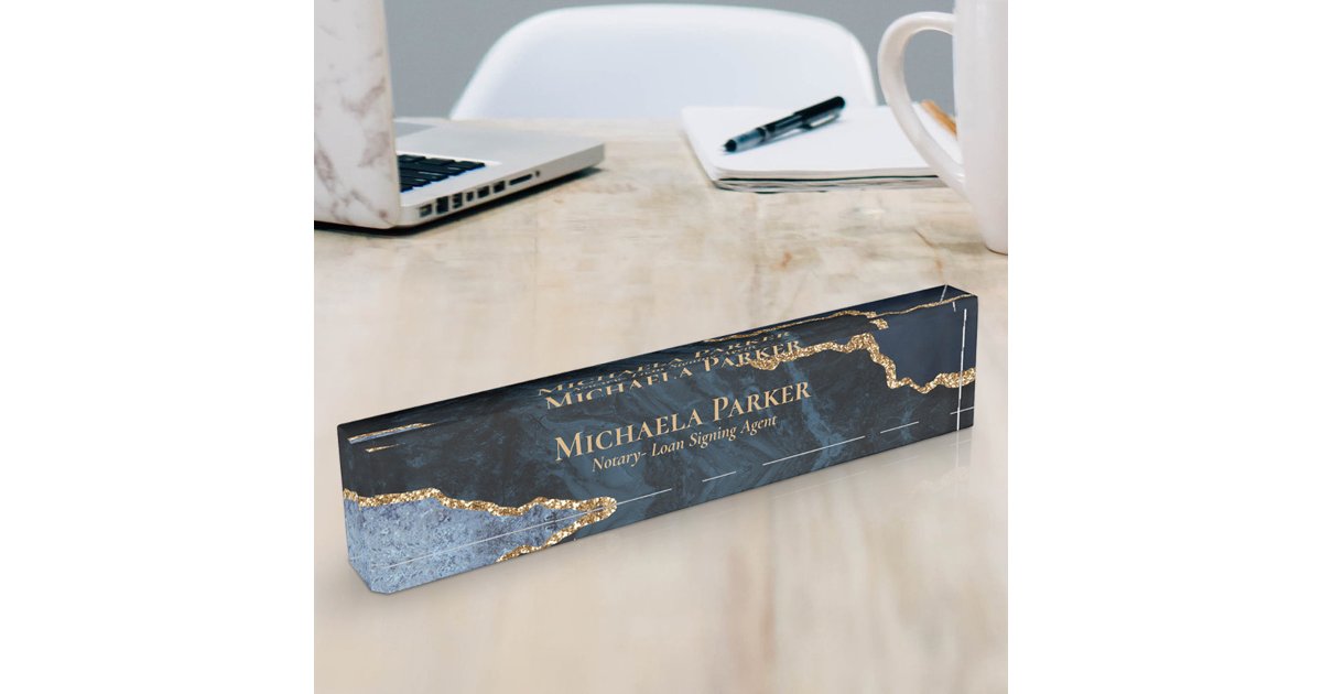 Elegant Professional Navy Blue Gold Agate Geode Desk Name Plate | Zazzle