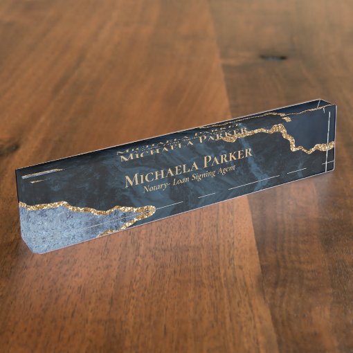 Elegant Professional Navy Blue Gold Agate Geode Desk Name Plate | Zazzle