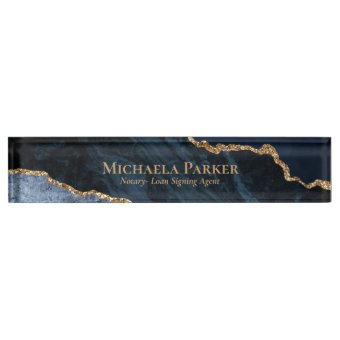 Elegant Professional Navy Blue Gold Agate Geode Desk Name Plate | Zazzle