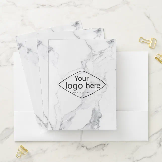 Elegant professional white marble custom logo pocket folder | Zazzle