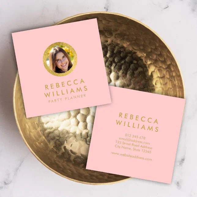 Elegant Profile Photo Pink Rose and Faux Gold Square Business Card | Zazzle