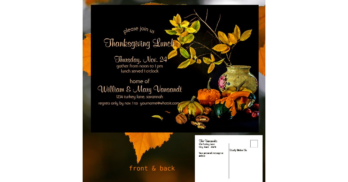 Elegant Pumpkin Botanical Thanksgiving Lunch Postcard | Zazzle