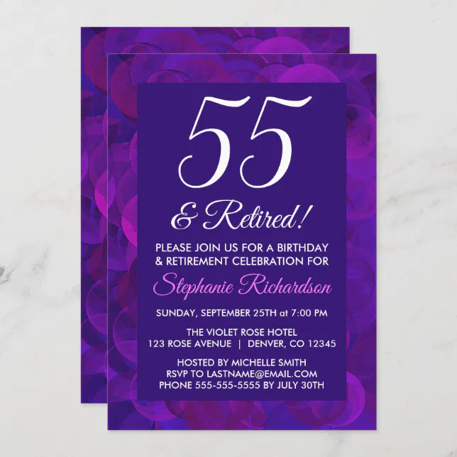 Elegant Purple 55 and Retired Retirement Party Invitation | Zazzle