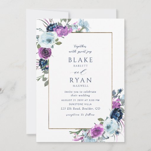 Elegant Purple and Blue Floral Frame Wedding Invit Invitation | Zazzle