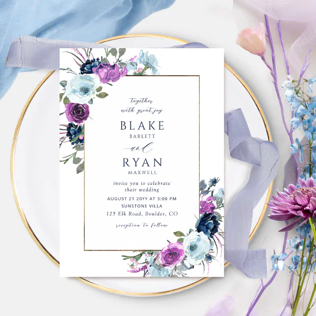 Elegant Purple and Blue Floral Frame Wedding Invit Invitation | Zazzle