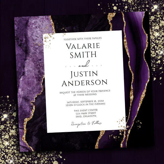 Elegant Purple and Gold Agate Stone Wedding Invitation | Zazzle