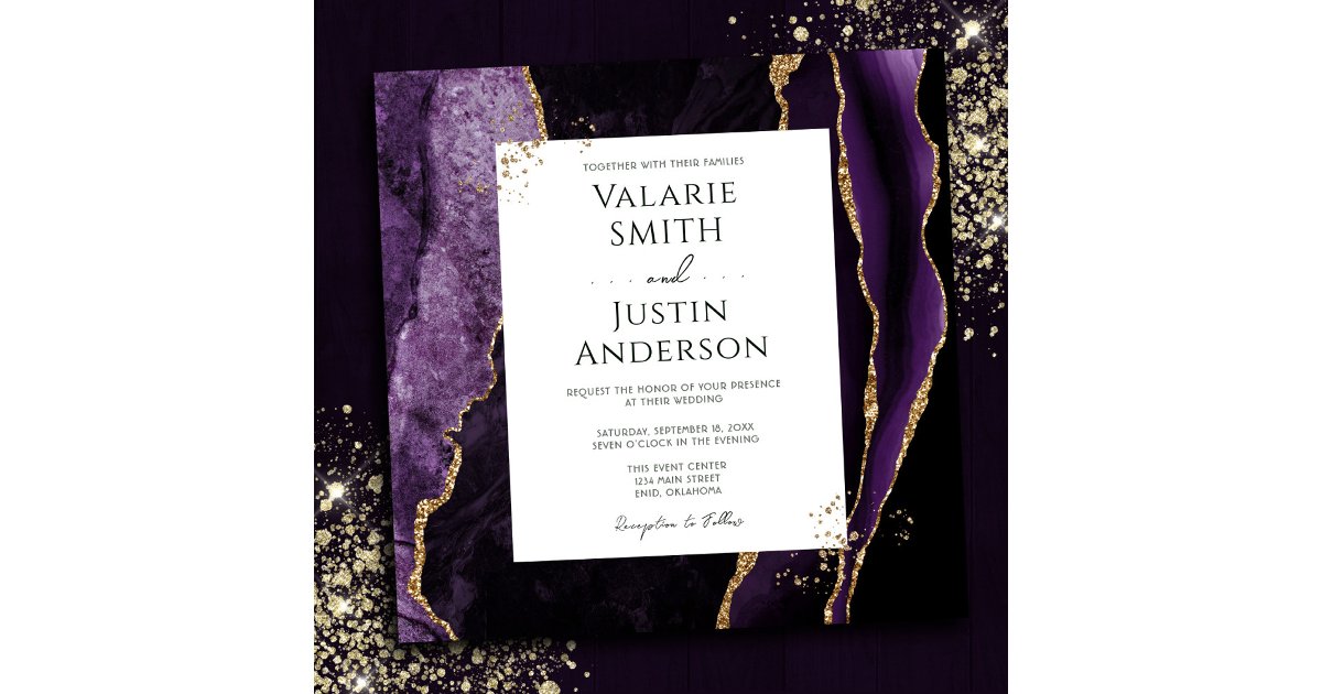 Elegant Purple and Gold Agate Stone Wedding Invitation | Zazzle