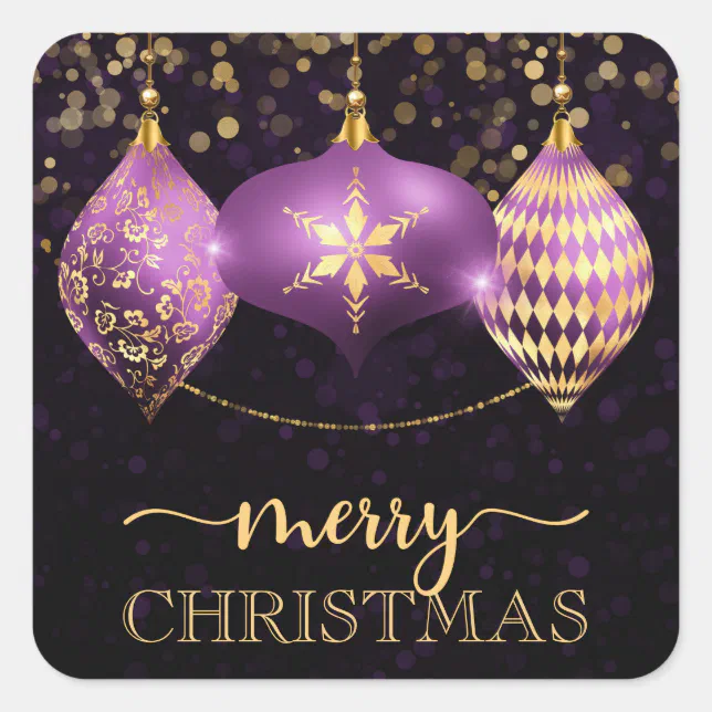 Elegant Purple and Gold Bauble Merry Christmas Square Sticker | Zazzle
