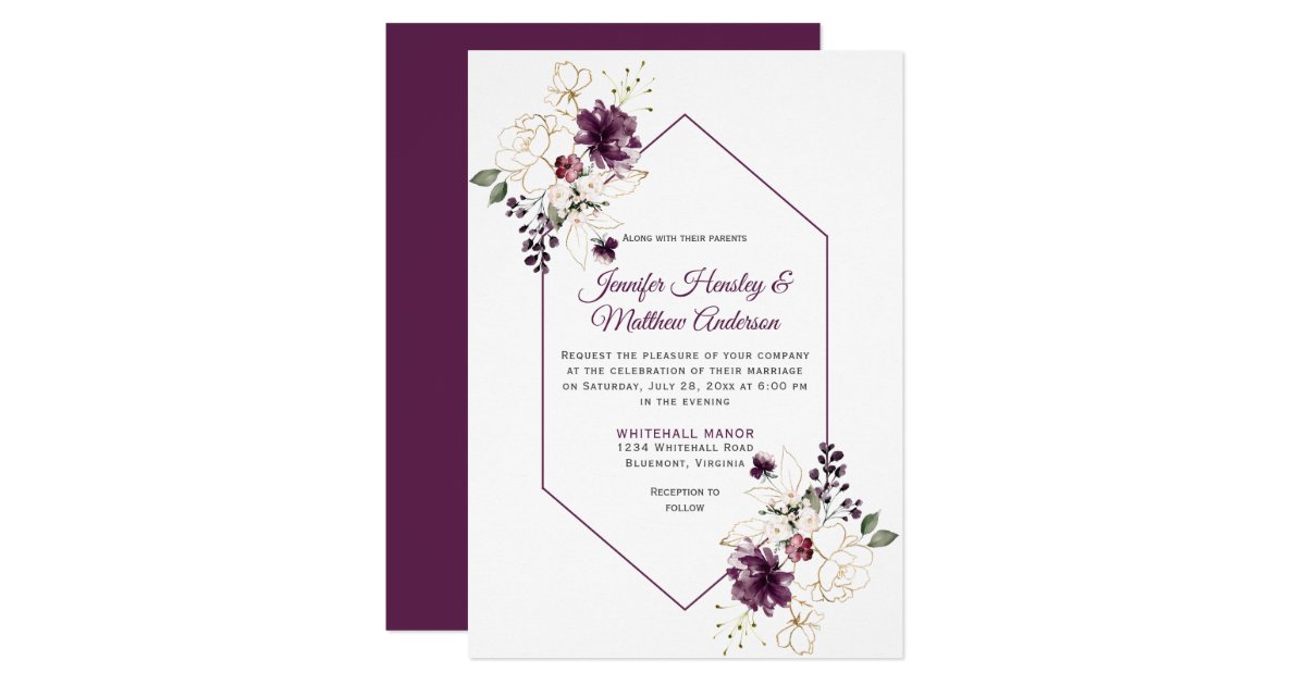 Elegant Purple and Gold Floral Framed Wedding Invitation | Zazzle.com