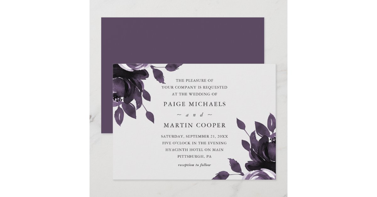 Elegant Purple and Gray Floral Wedding Invitation | Zazzle