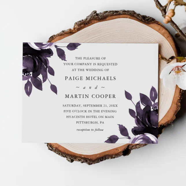 Elegant Purple and Gray Floral Wedding Invitation | Zazzle