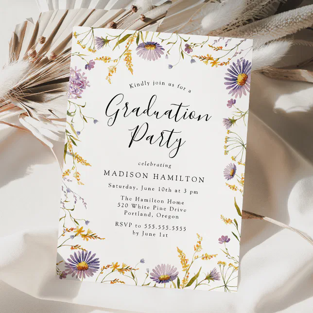 Elegant Purple and Yellow Floral Graduation Party Invitation | Zazzle