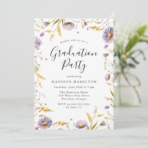 Elegant Purple and Yellow Floral Graduation Party Invitation | Zazzle