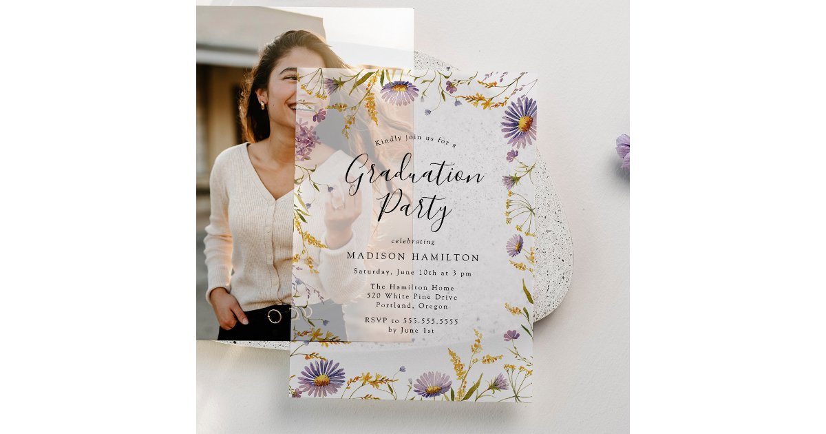 Elegant Purple and Yellow Floral Graduation Party Vellum Invitations ...