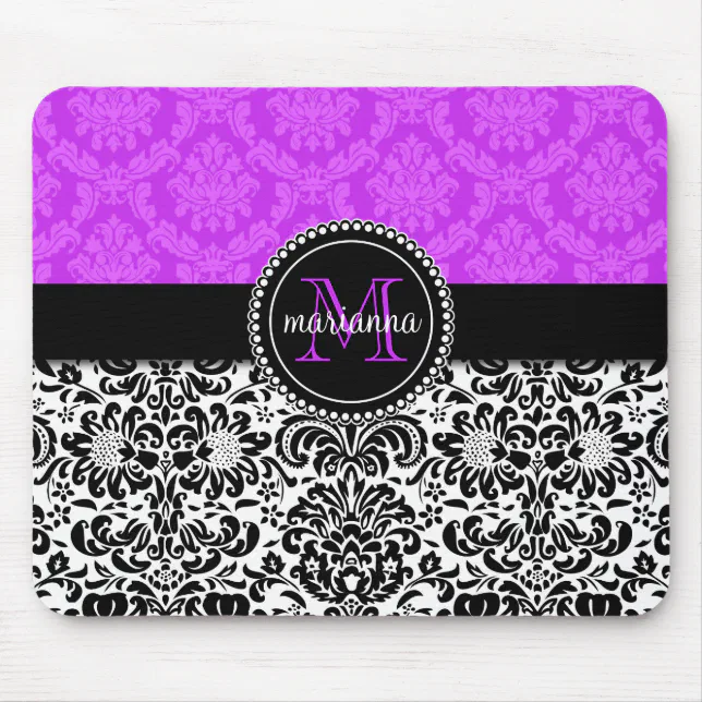 Elegant Purple Black Damask Personalized Mouse Pad | Zazzle