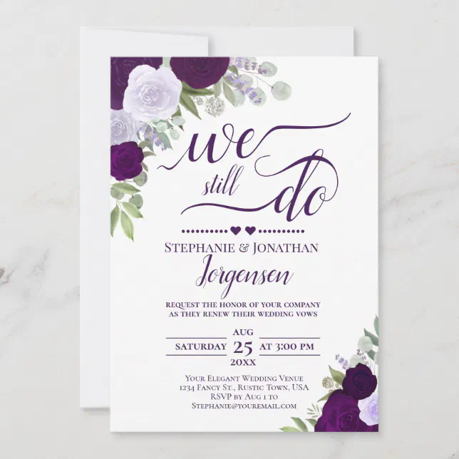 Elegant Purple Boho Roses We Still Do Vow Renewal Invitation | Zazzle