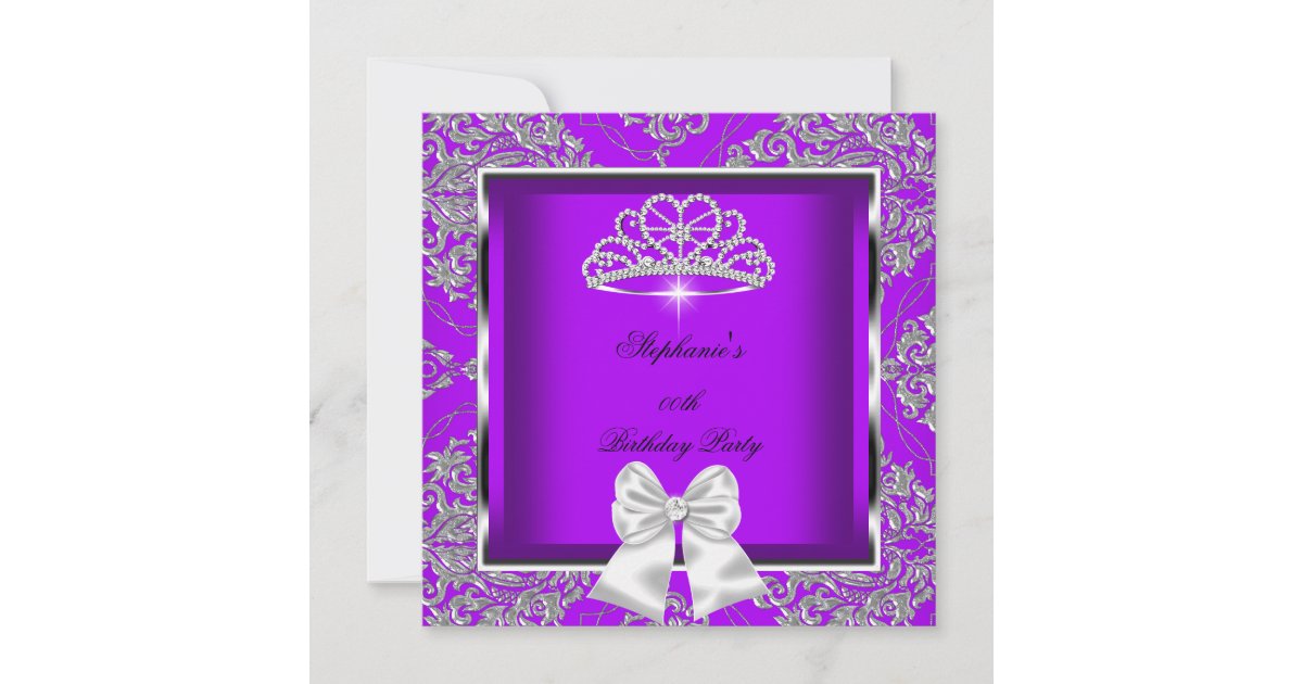 Elegant Purple Damask Silver Birthday Party Invitation | Zazzle
