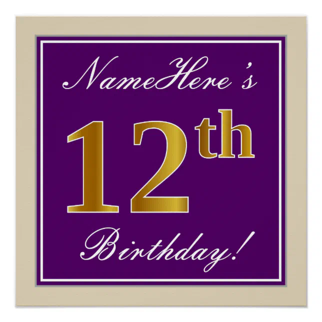 Elegant, Purple, Faux Gold 12th Birthday + Name Poster | Zazzle