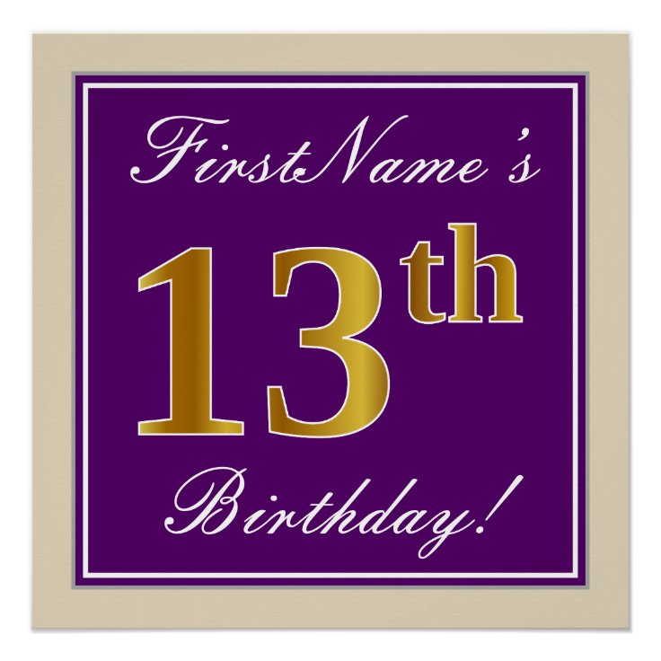 Elegant, Purple, Faux Gold 13th Birthday + Name Poster | Zazzle