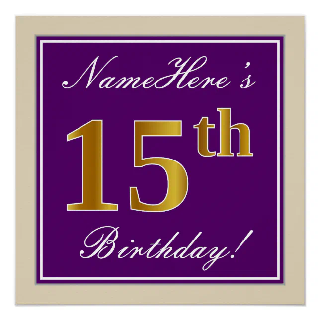 Elegant, Purple, Faux Gold 15th Birthday + Name Poster | Zazzle