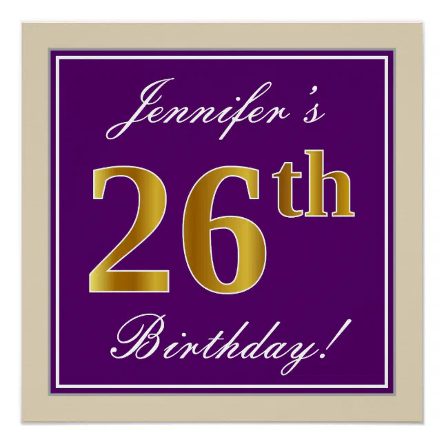 Elegant, Purple, Faux Gold 26th Birthday + Name Poster | Zazzle