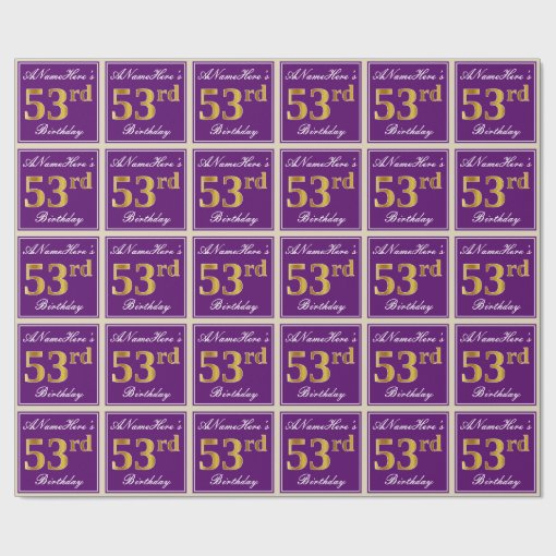 Elegant, Purple, Faux Gold 53rd Birthday + Name Wrapping Paper | Zazzle