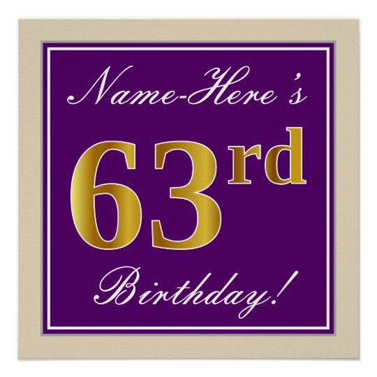 Elegant, Purple, Faux Gold 63rd Birthday + Name Poster | Zazzle.com