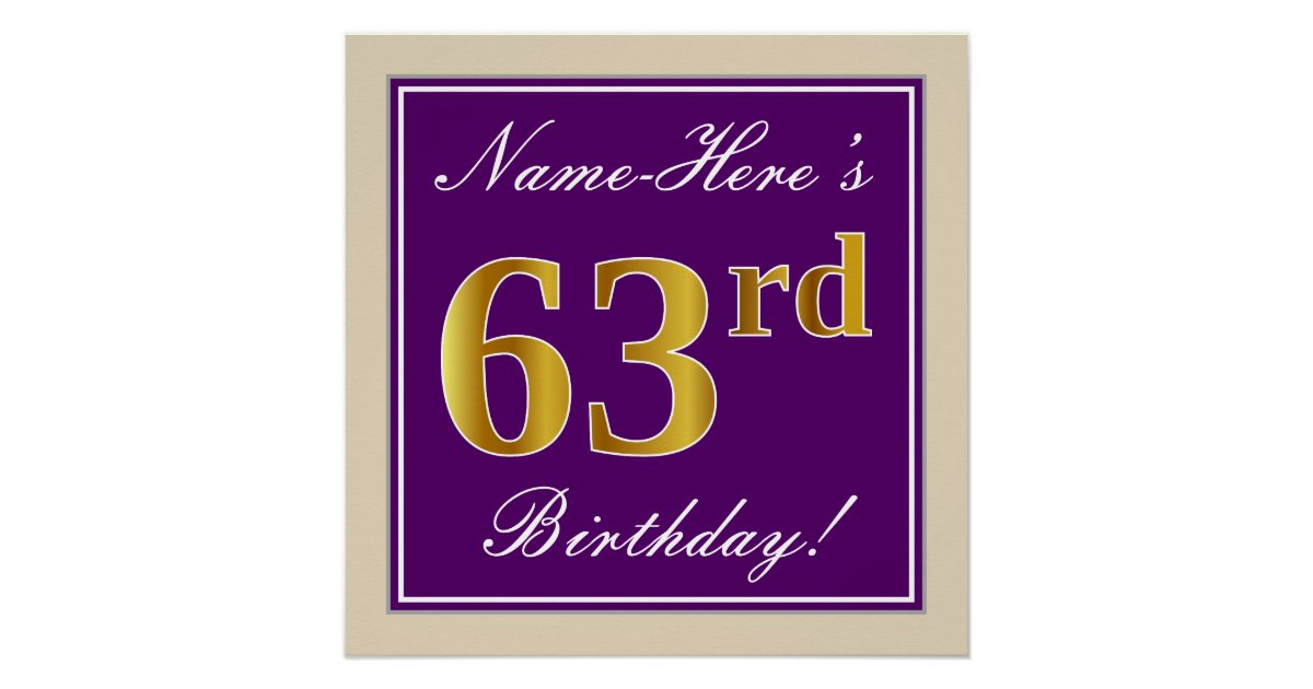 Elegant, Purple, Faux Gold 63rd Birthday + Name Poster | Zazzle