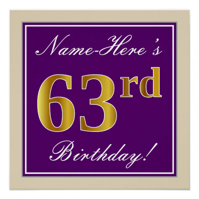 Elegant, Purple, Faux Gold 63rd Birthday + Name Poster | Zazzle