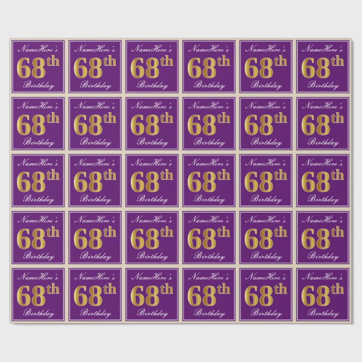 Elegant, Purple, Faux Gold 68th Birthday + Name Wrapping Paper | Zazzle