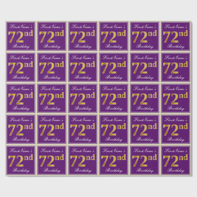 Elegant, Purple, Faux Gold 72nd Birthday + Name Wrapping Paper | Zazzle