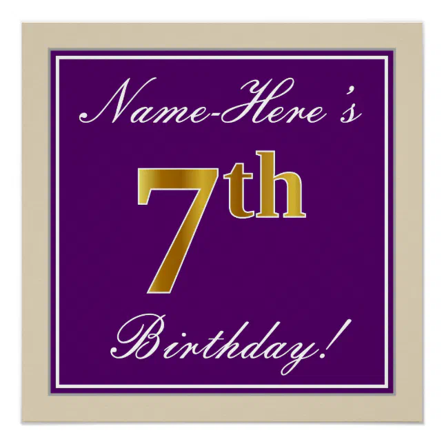 Elegant, Purple, Faux Gold 7th Birthday + Name Poster | Zazzle
